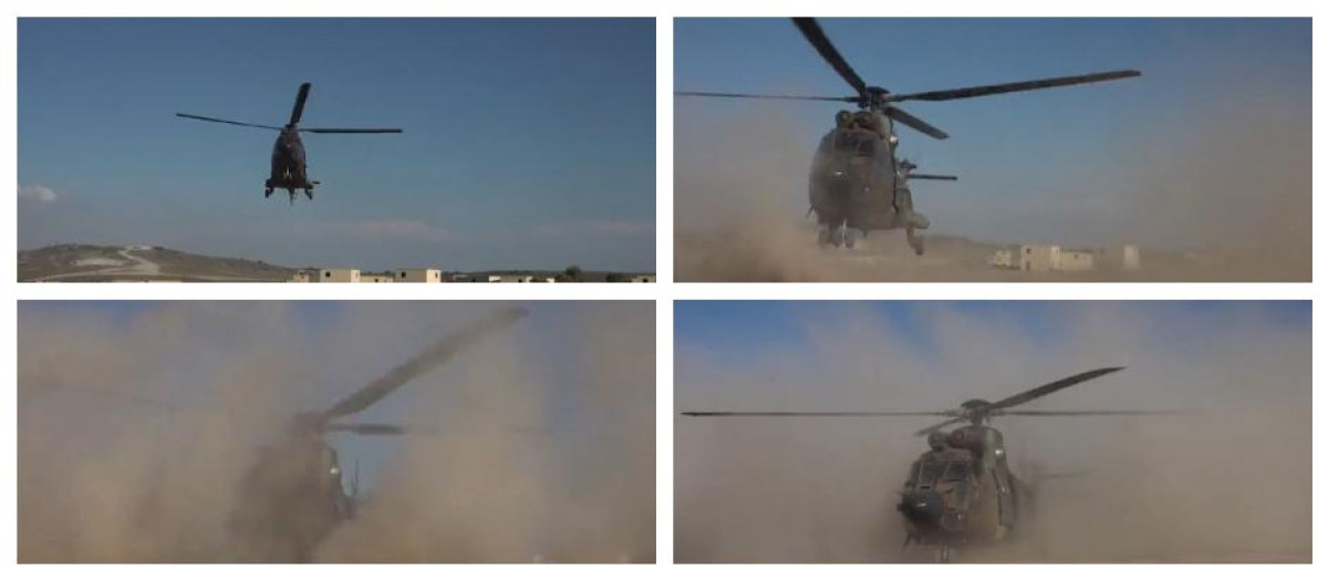 Helicópteros del Ejército de Tierra entre remolinos de polvo y arena